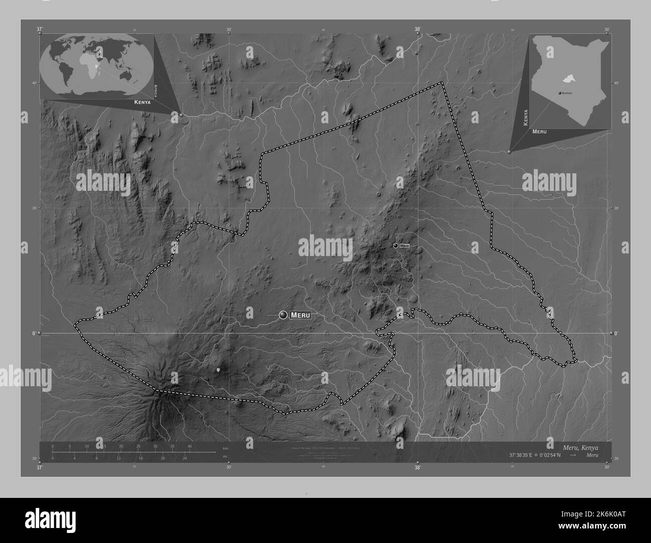 Meru, county of Kenya. Grayscale elevation map with lakes and rivers ...