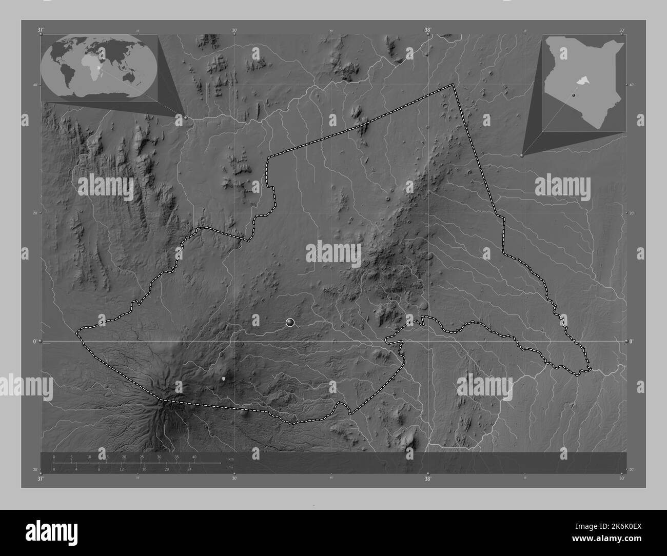 Meru, county of Kenya. Grayscale elevation map with lakes and rivers ...