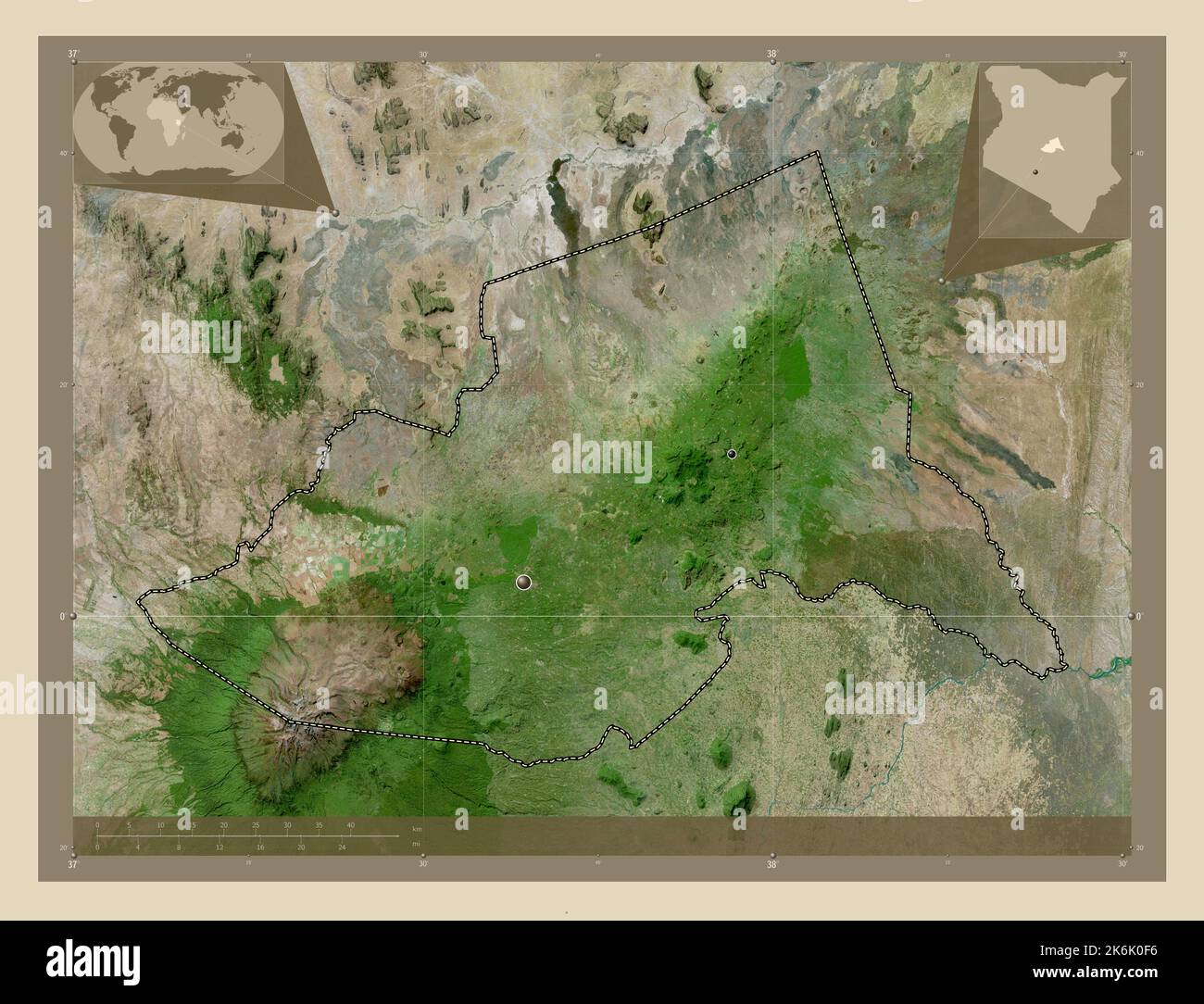 Meru, county of Kenya. High resolution satellite map. Locations of ...
