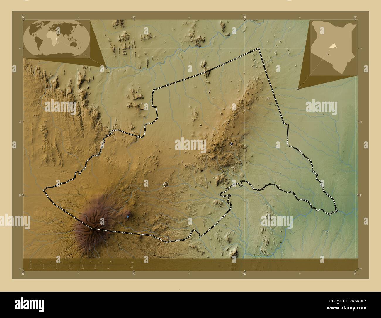 Meru, county of Kenya. Colored elevation map with lakes and rivers ...