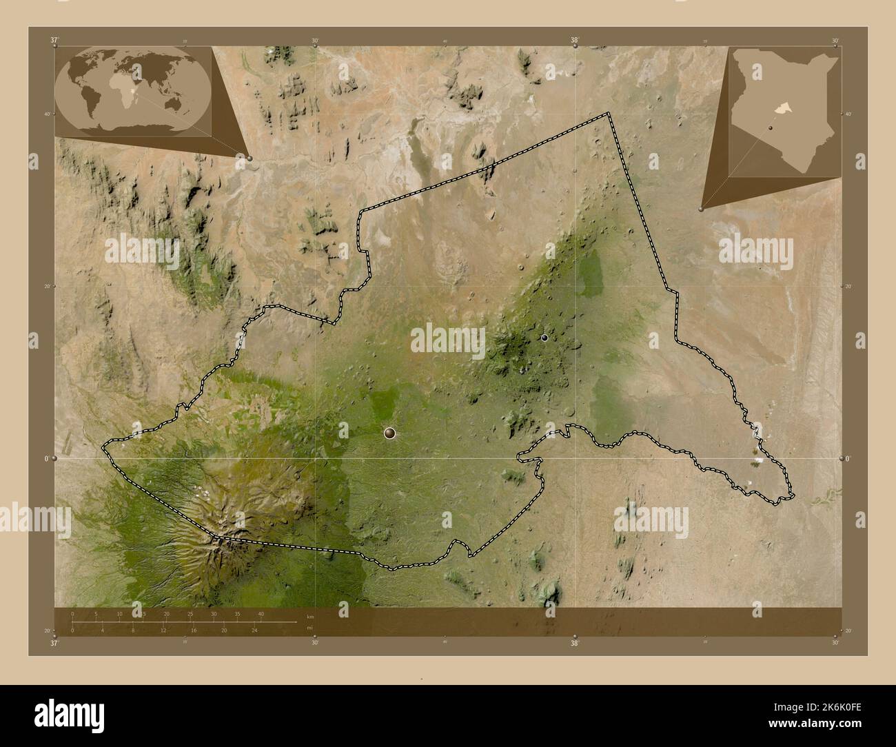 Meru, county of Kenya. Low resolution satellite map. Locations of major ...