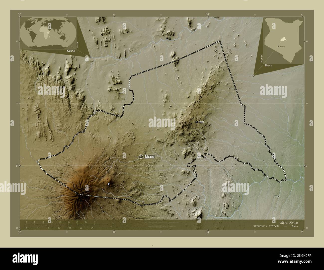 Meru, county of Kenya. Elevation map colored in wiki style with lakes ...