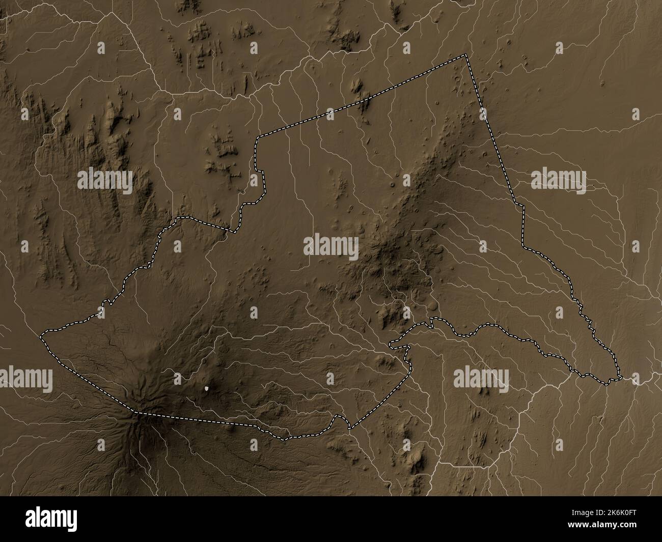 Meru, county of Kenya. Elevation map colored in sepia tones with lakes ...