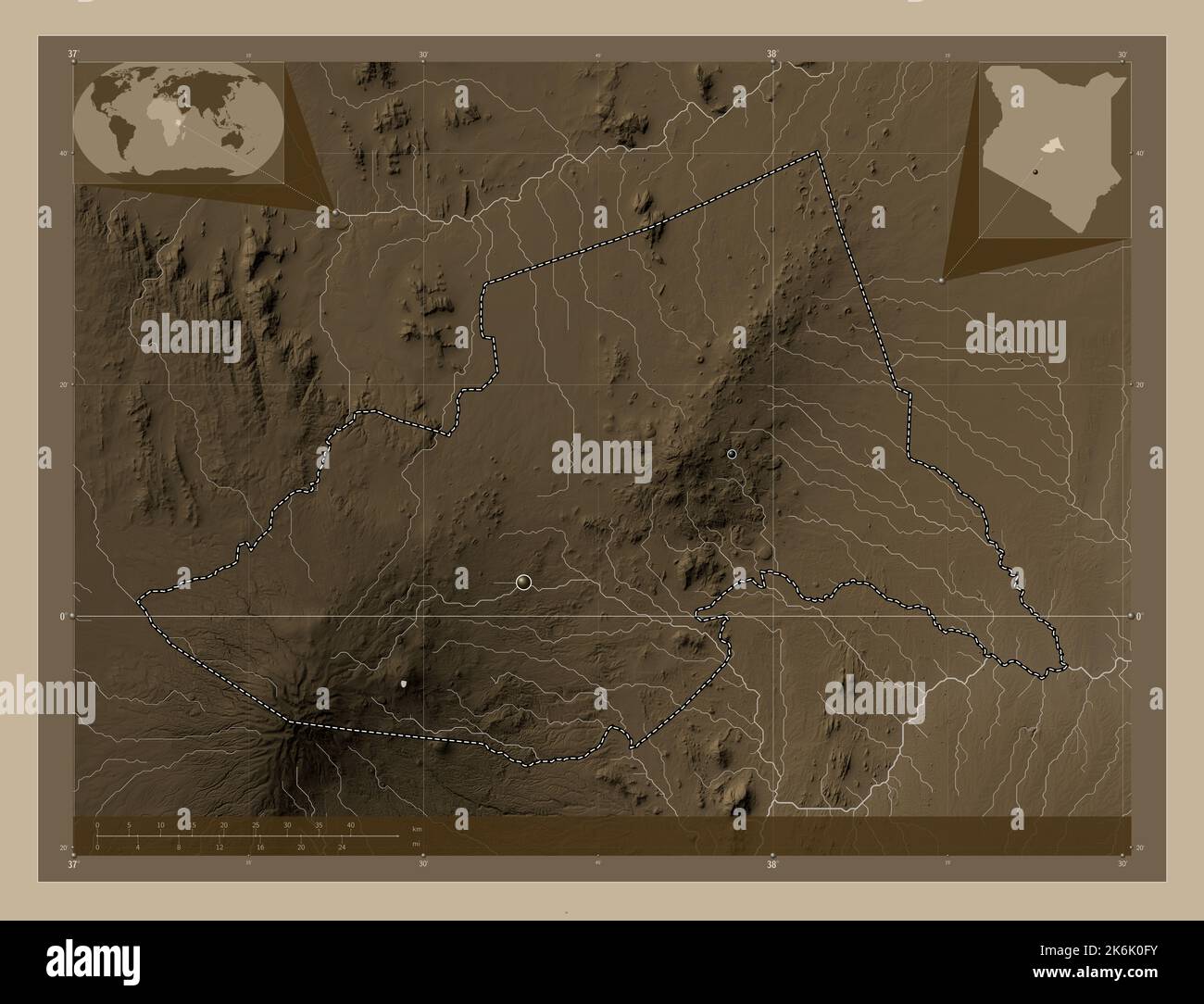 Meru, county of Kenya. Elevation map colored in sepia tones with lakes ...