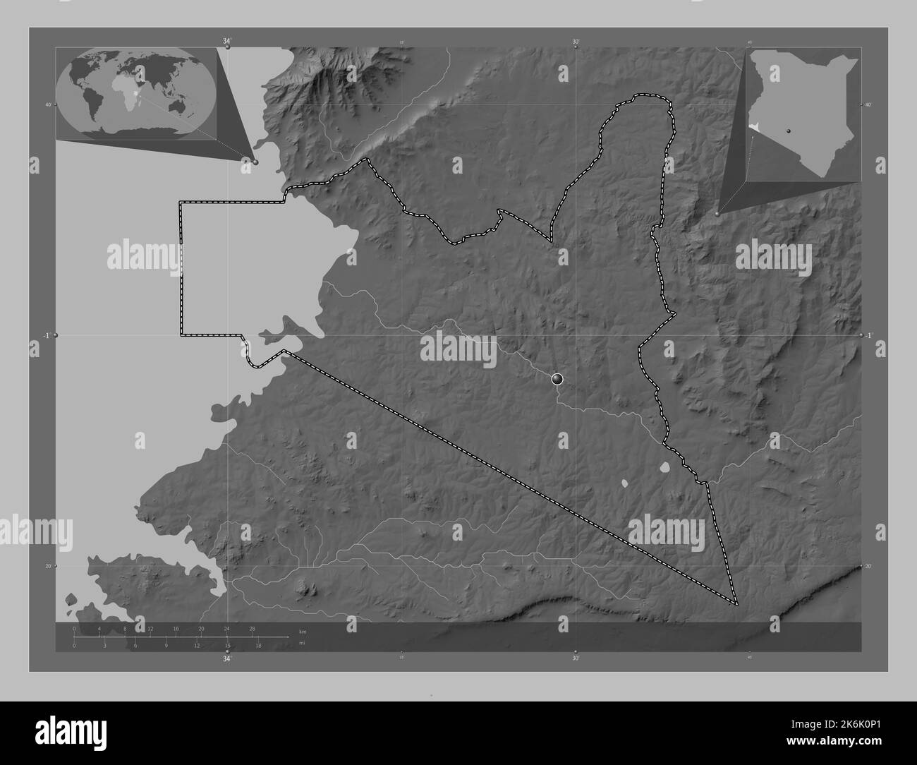 Migori, county of Kenya. Grayscale elevation map with lakes and rivers ...