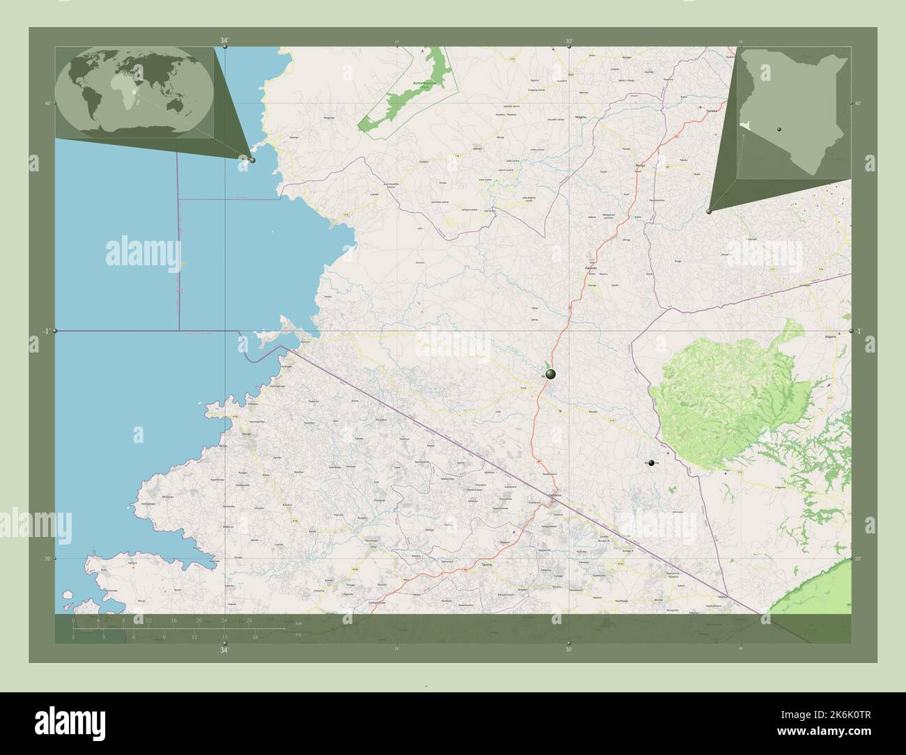 Migori, county of Kenya. Open Street Map. Locations of major cities of ...