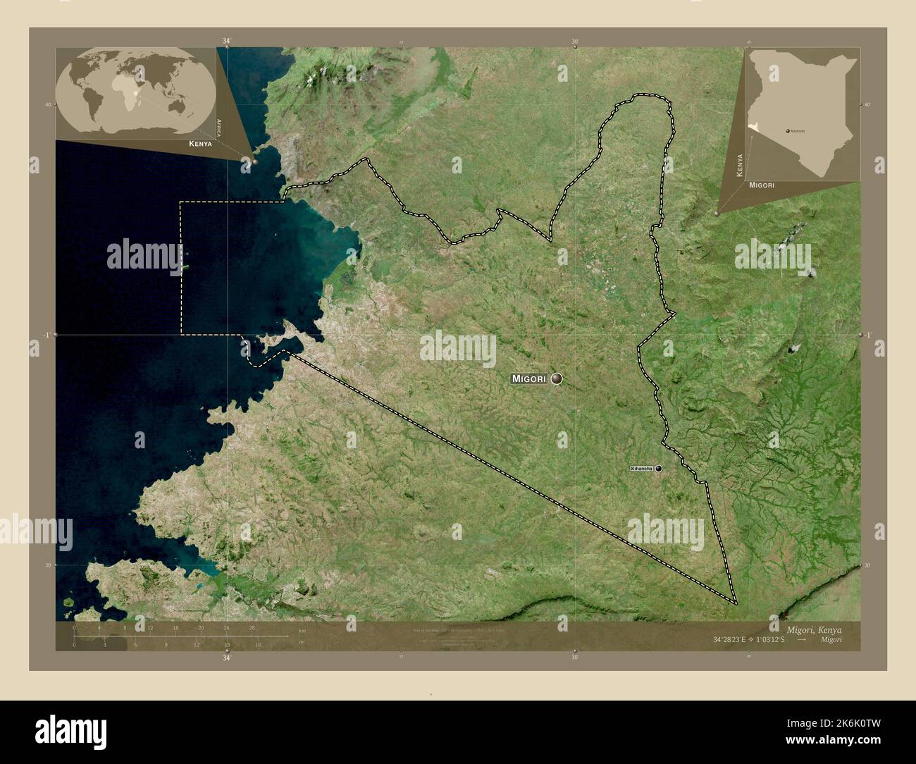 Migori, county of Kenya. High resolution satellite map. Locations and ...