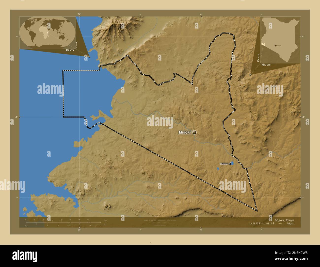 Migori, county of Kenya. Colored elevation map with lakes and rivers ...