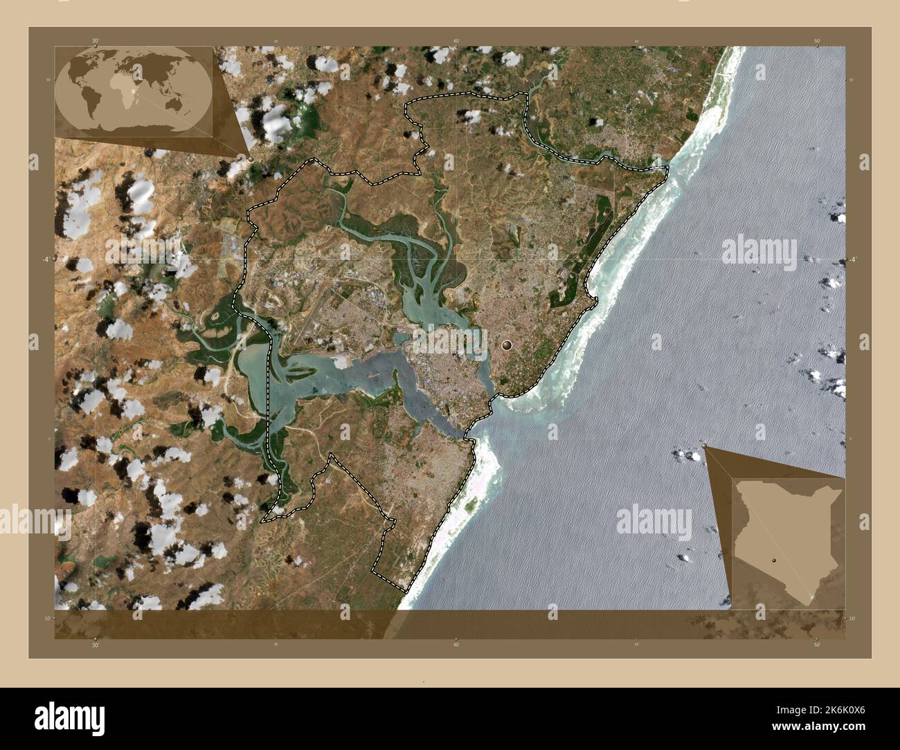 Mombasa, county of Kenya. Low resolution satellite map. Locations of ...