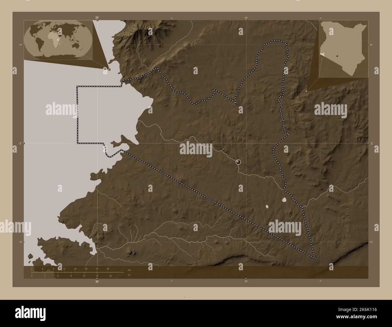Migori, county of Kenya. Elevation map colored in sepia tones with ...