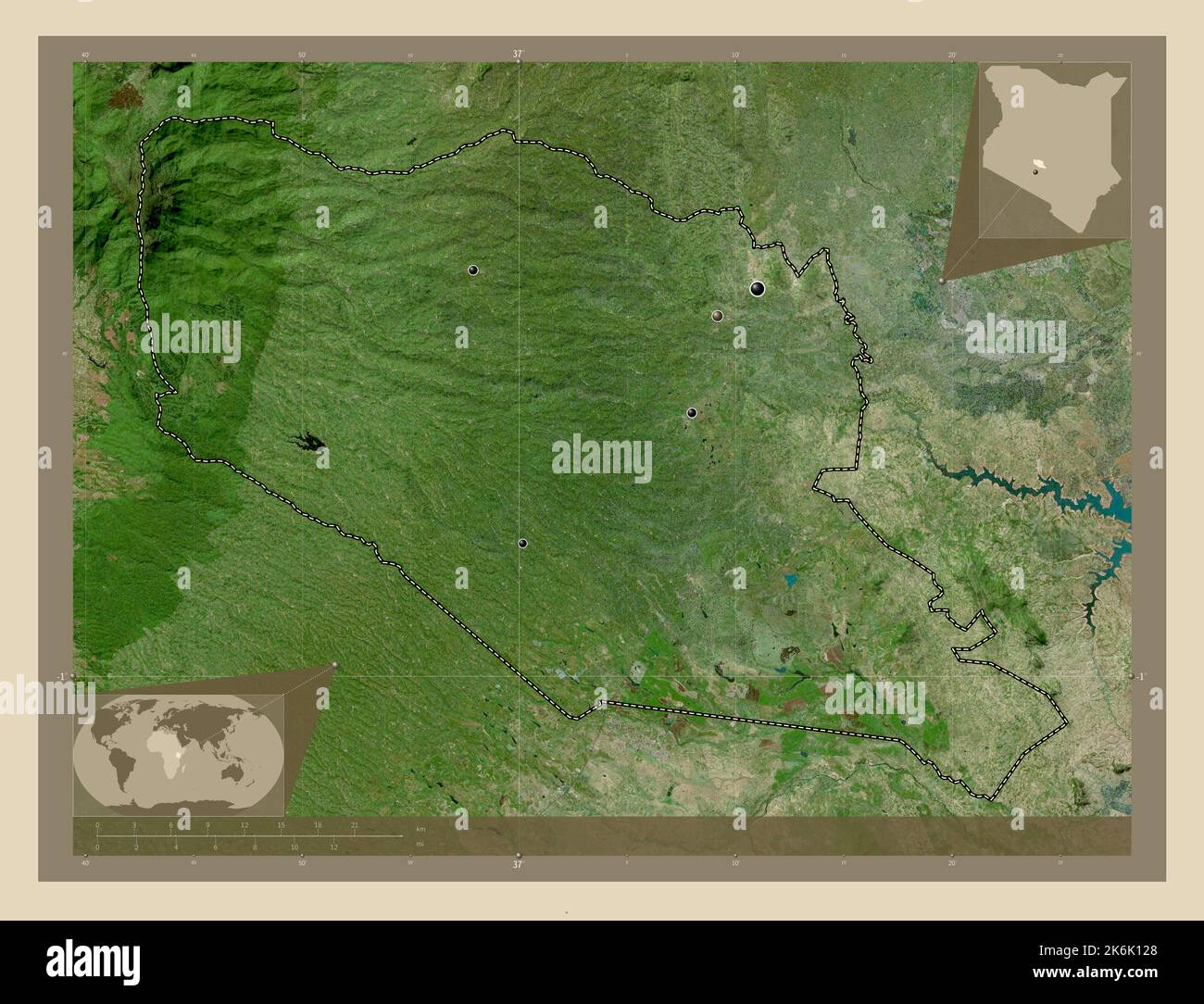 Murang'a, county of Kenya. High resolution satellite map. Locations of ...