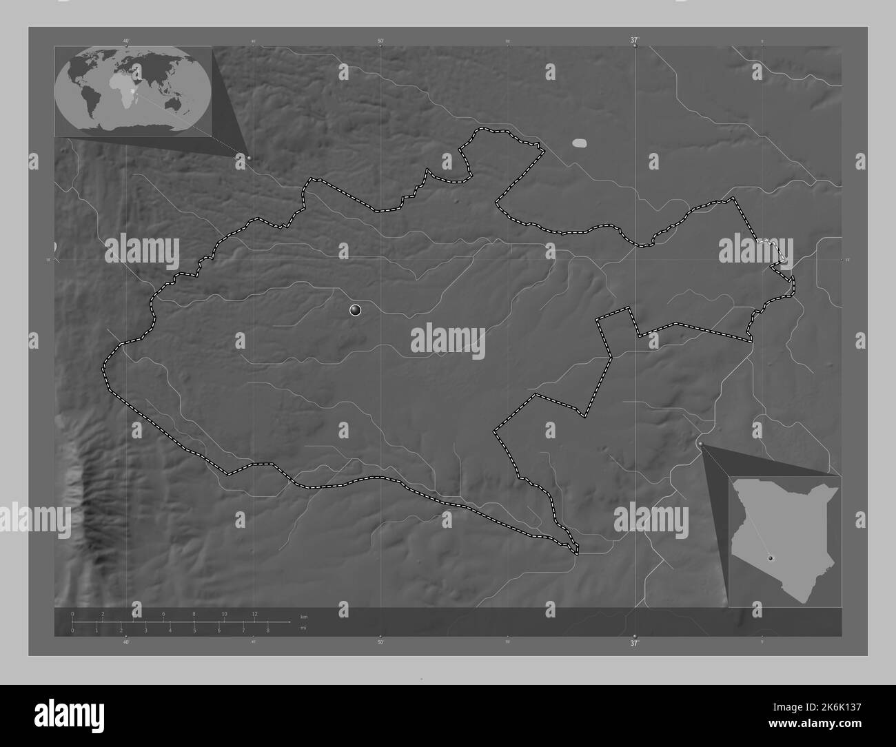 Nairobi, county of Kenya. Grayscale elevation map with lakes and rivers ...