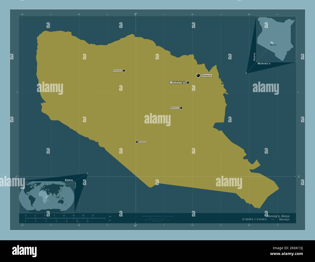Murang'a, county of Kenya. Solid color shape. Locations and names of ...