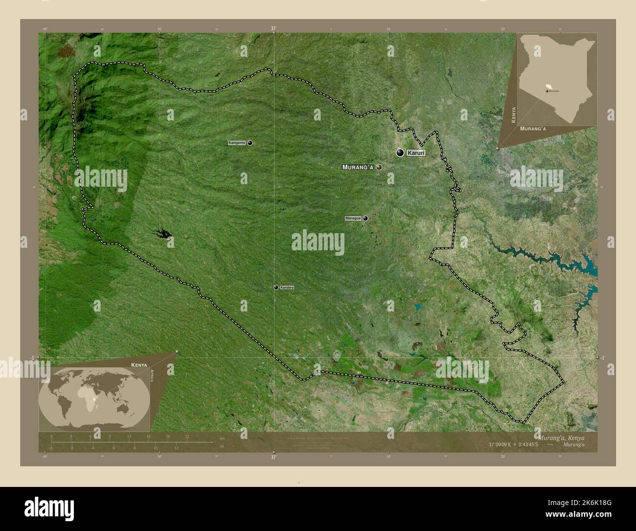 Murang'a, county of Kenya. High resolution satellite map. Locations and ...