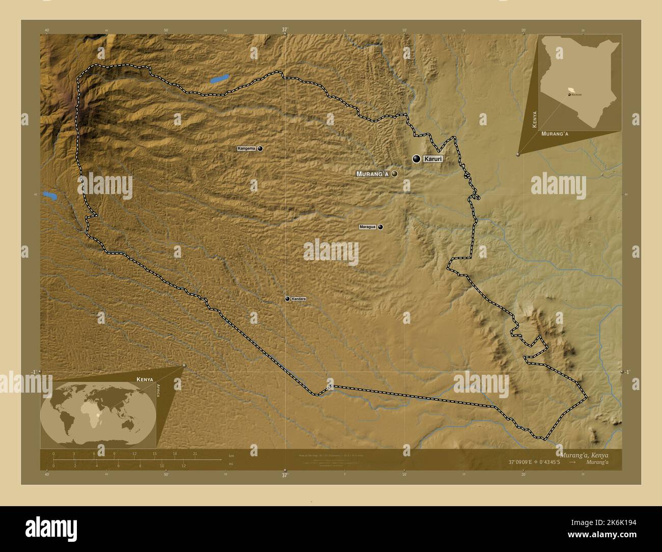 Murang'a, county of Kenya. Colored elevation map with lakes and rivers ...