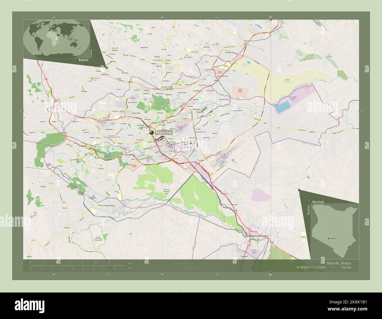 Nairobi, county of Kenya. Open Street Map. Locations and names of major cities of the region ...