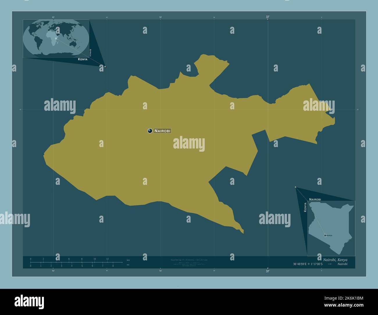 Nairobi, county of Kenya. Solid color shape. Locations and names of ...