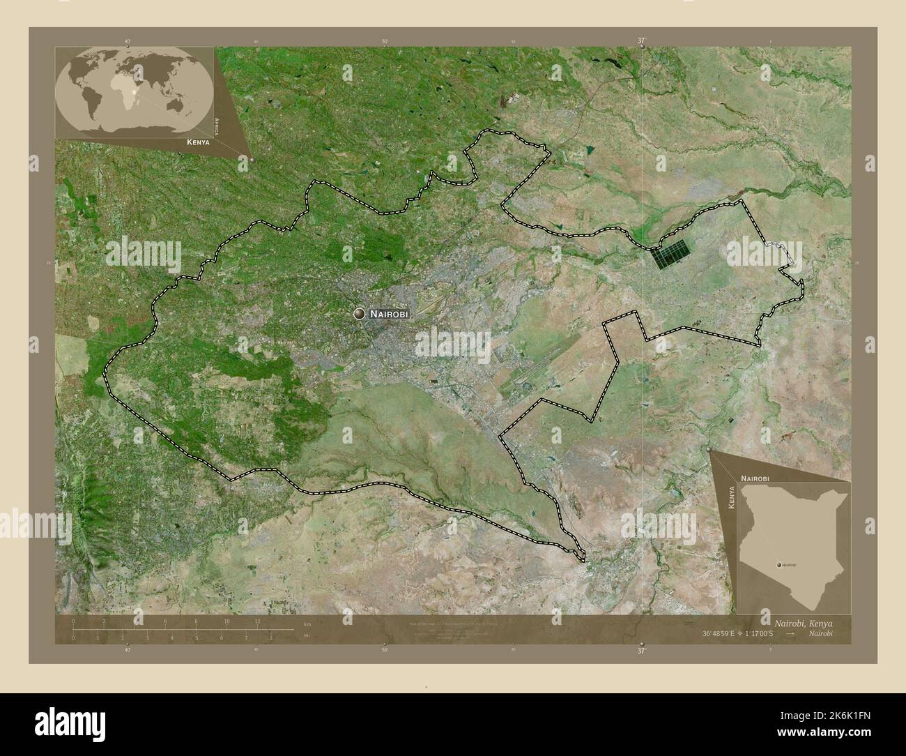 Nairobi, county of Kenya. High resolution satellite map. Locations and ...