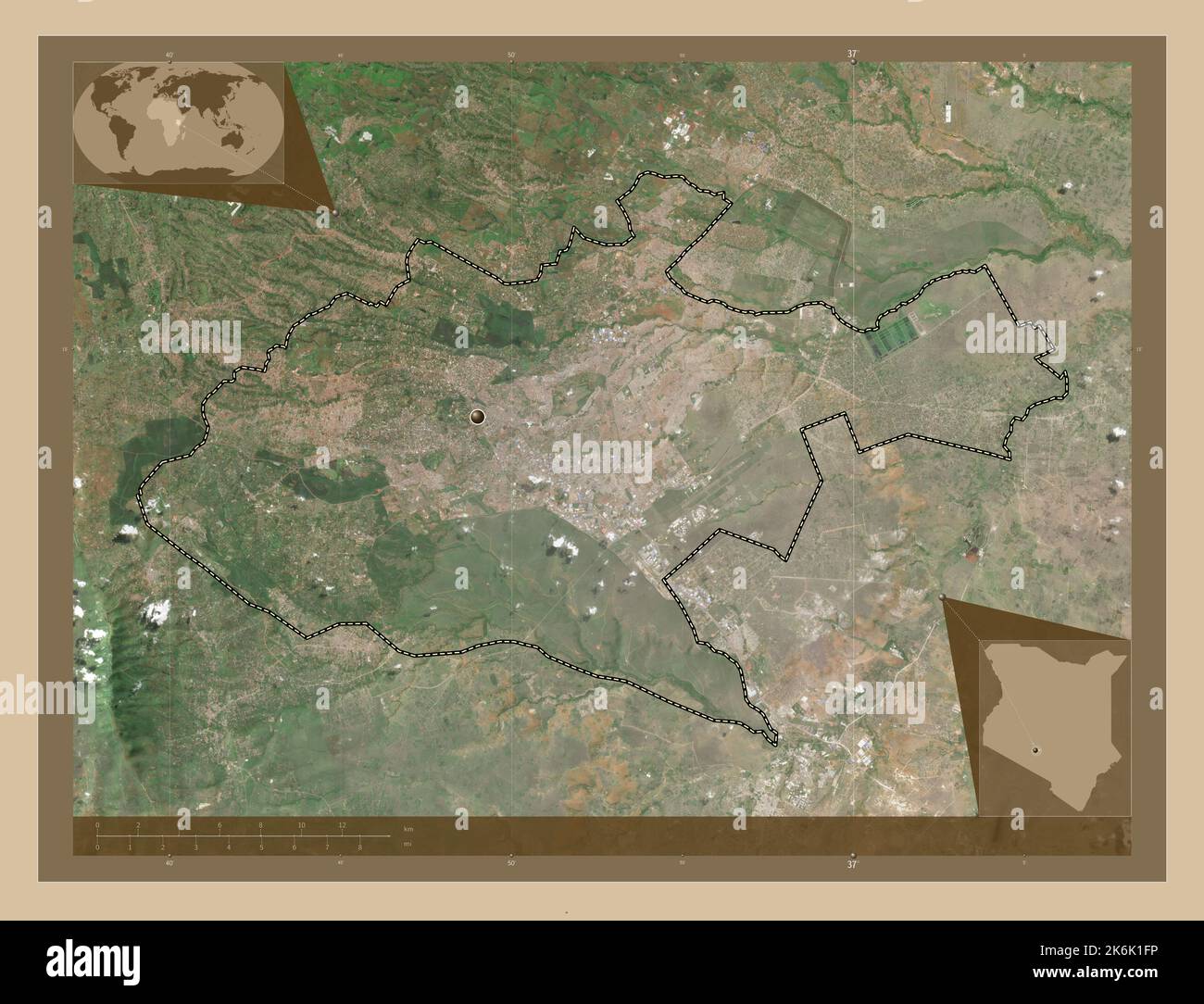 Nairobi, county of Kenya. Low resolution satellite map. Locations of ...