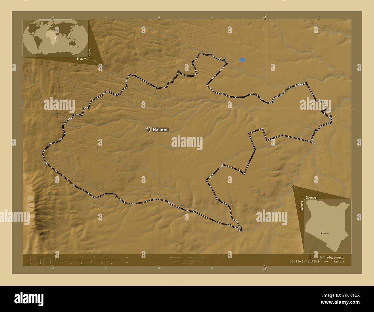 Nairobi, county of Kenya. Colored elevation map with lakes and rivers ...