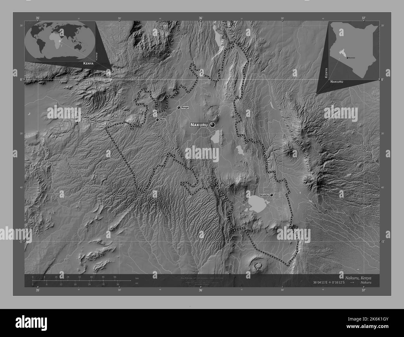 Nakuru, county of Kenya. Bilevel elevation map with lakes and rivers ...