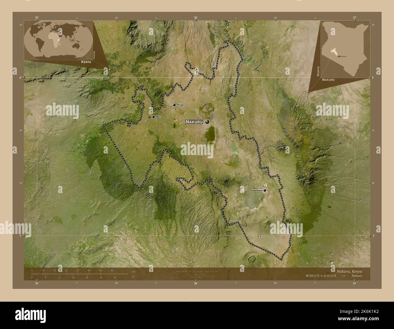Nakuru, county of Kenya. Low resolution satellite map. Locations and ...