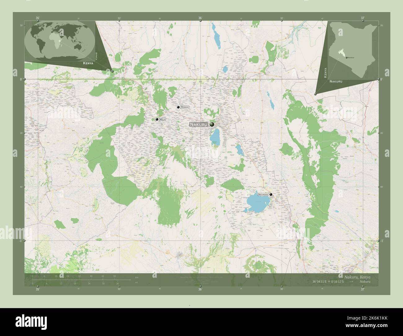 Nakuru, county of Kenya. Open Street Map. Locations and names of major ...
