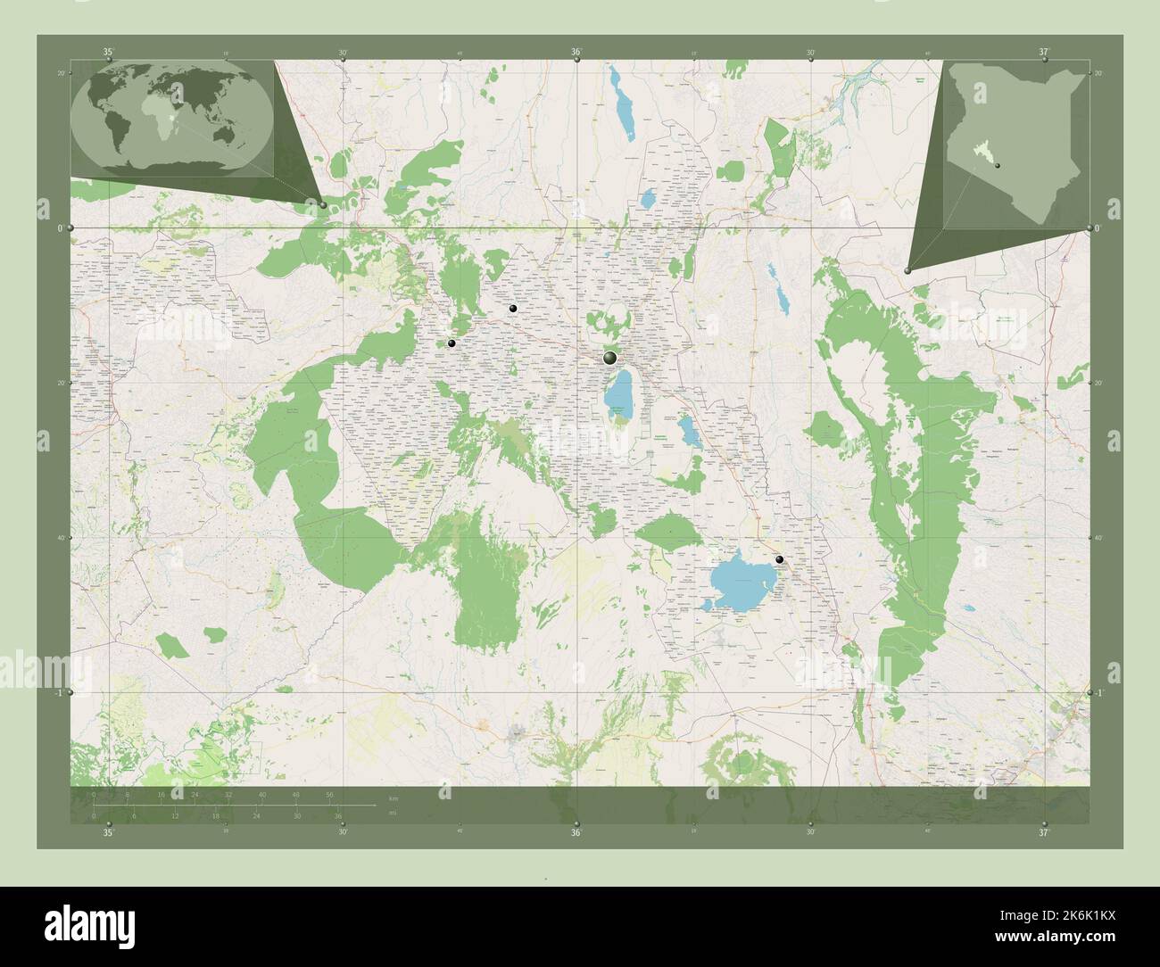 Nakuru, county of Kenya. Open Street Map. Locations of major cities of ...
