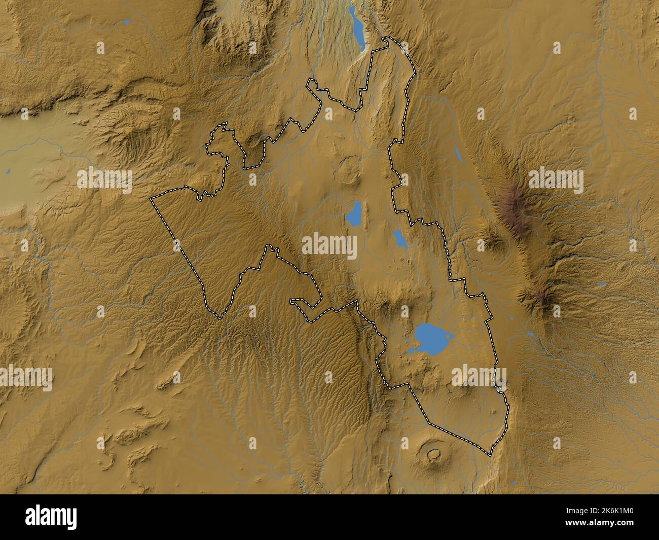 Nakuru, county of Kenya. Colored elevation map with lakes and rivers ...