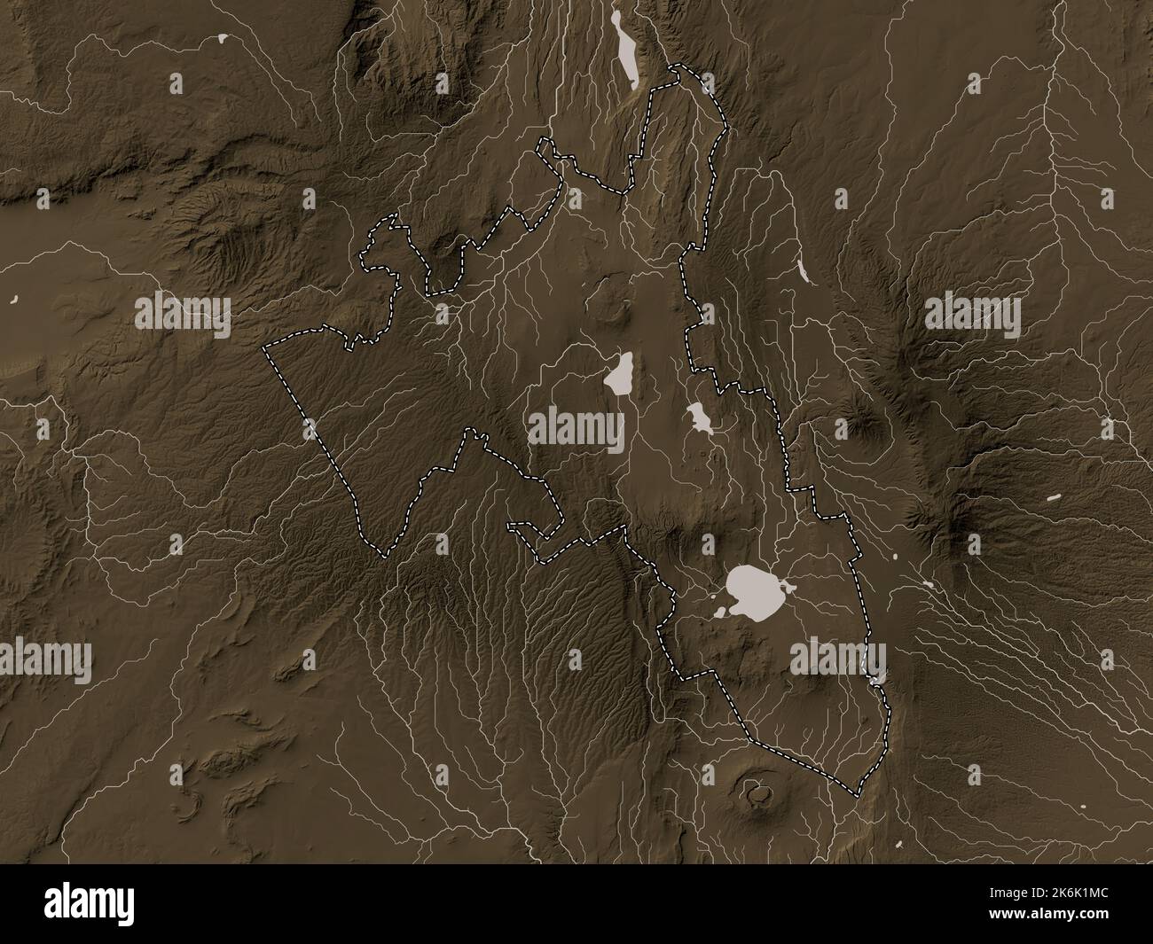 Nakuru, county of Kenya. Elevation map colored in sepia tones with ...
