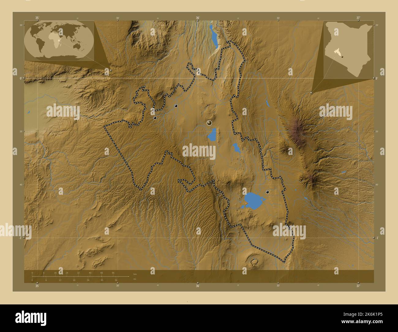 Nakuru, county of Kenya. Colored elevation map with lakes and rivers ...