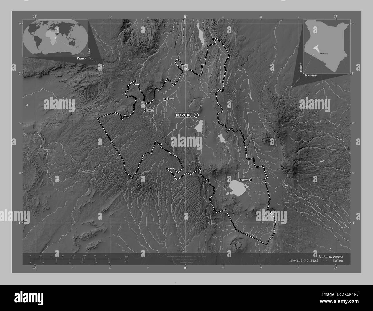 Nakuru, county of Kenya. Grayscale elevation map with lakes and rivers ...