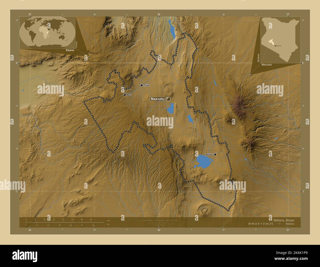 Nakuru, county of Kenya. Colored elevation map with lakes and rivers ...