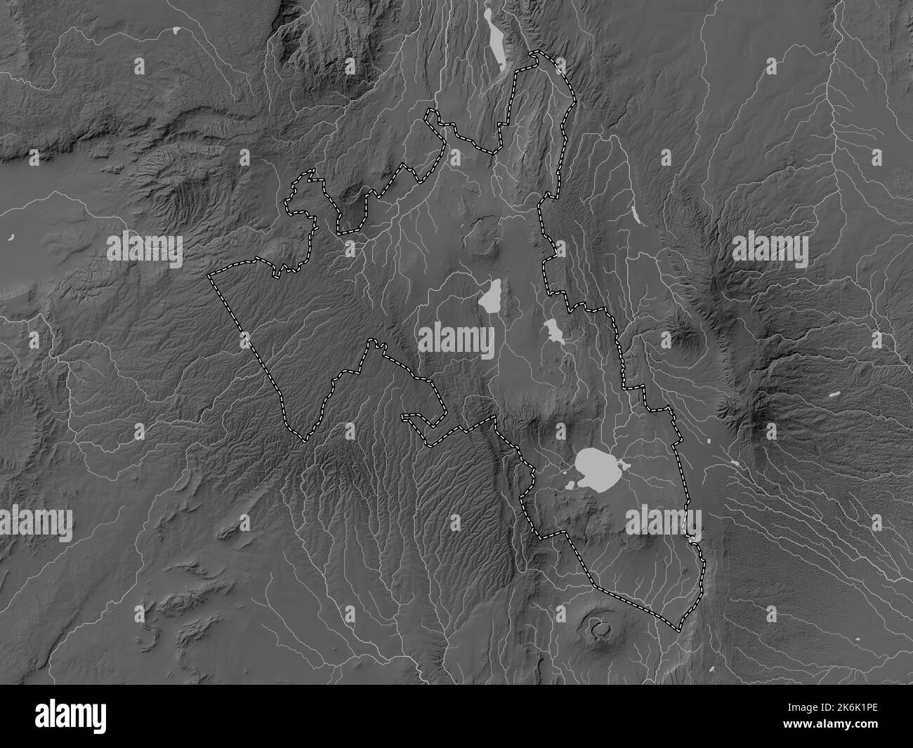 Nakuru, county of Kenya. Grayscale elevation map with lakes and rivers ...