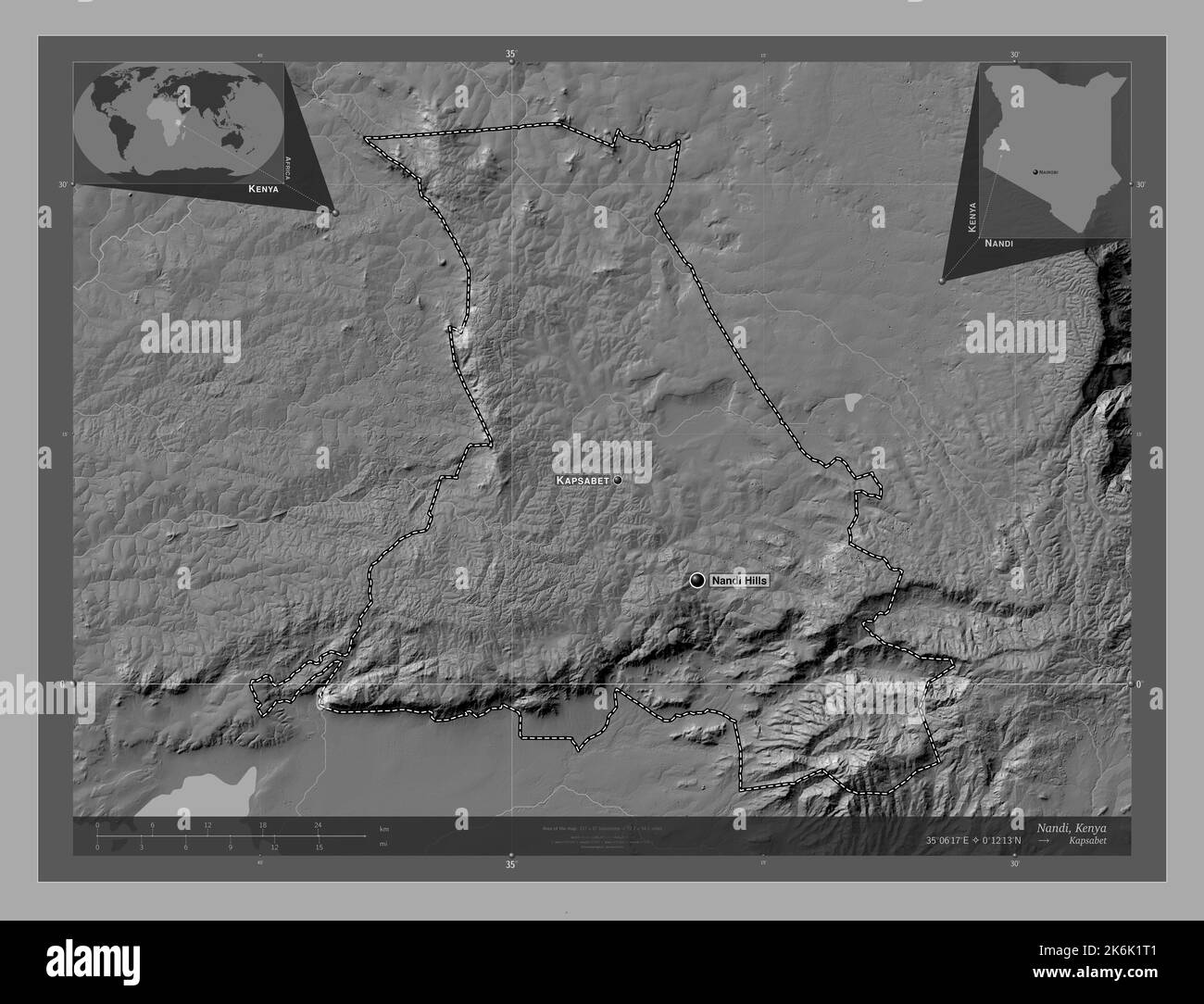 Nandi, county of Kenya. Bilevel elevation map with lakes and rivers ...