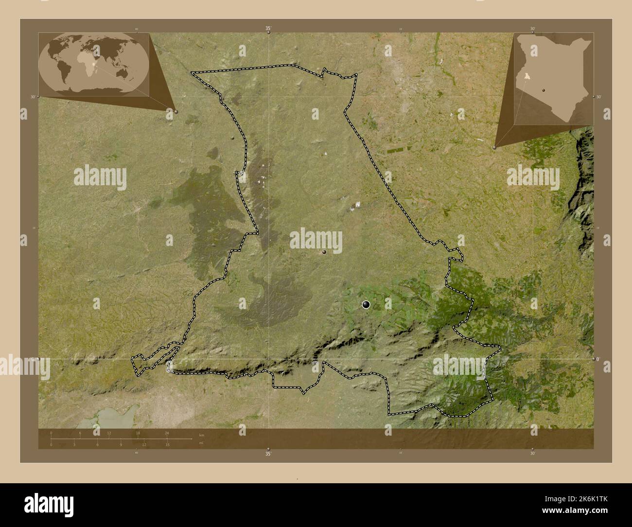 Nandi, county of Kenya. Low resolution satellite map. Locations of ...