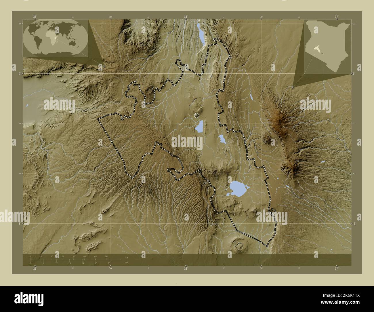 Nakuru, county of Kenya. Elevation map colored in wiki style with lakes ...