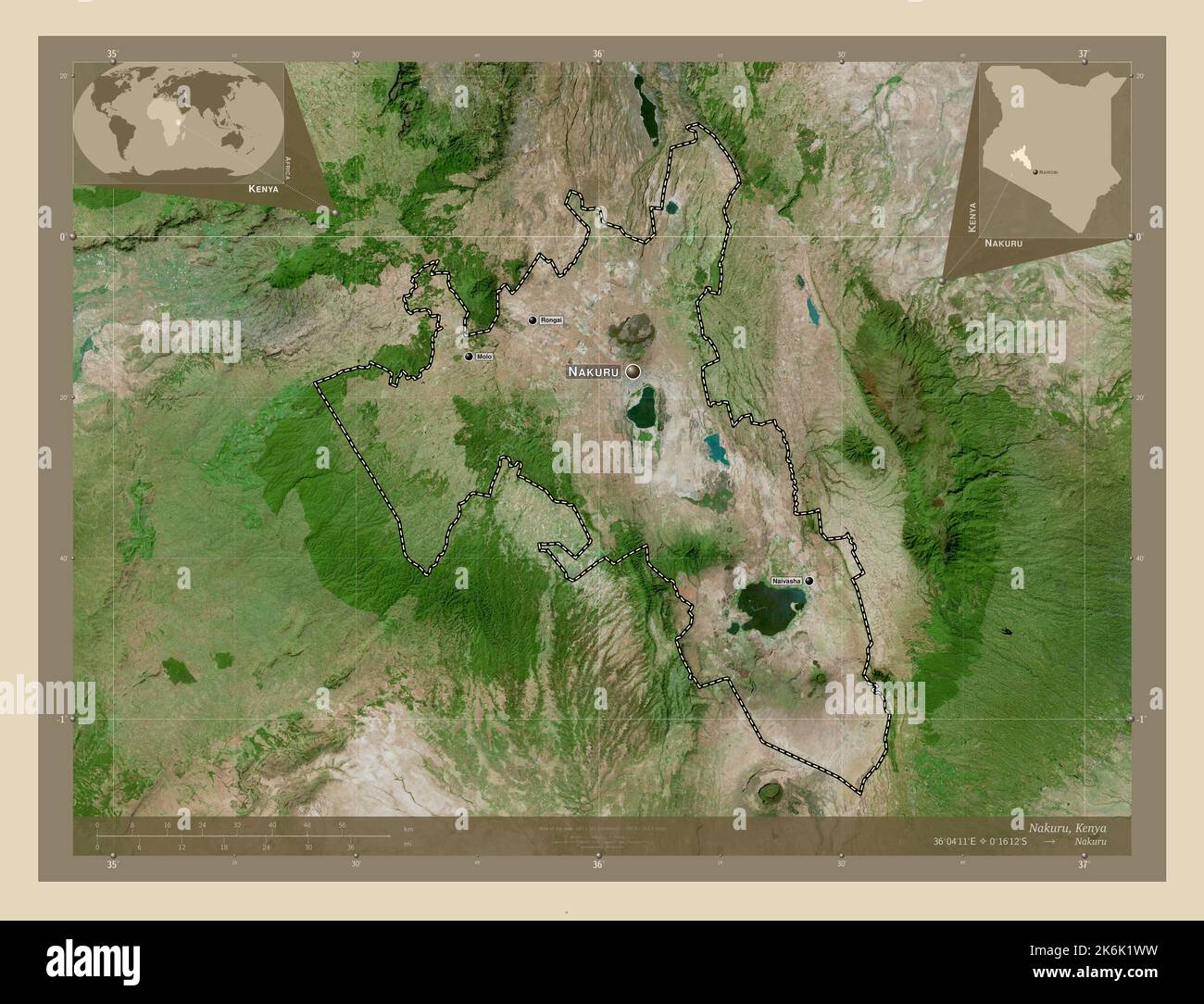 Nakuru, county of Kenya. High resolution satellite map. Locations and ...