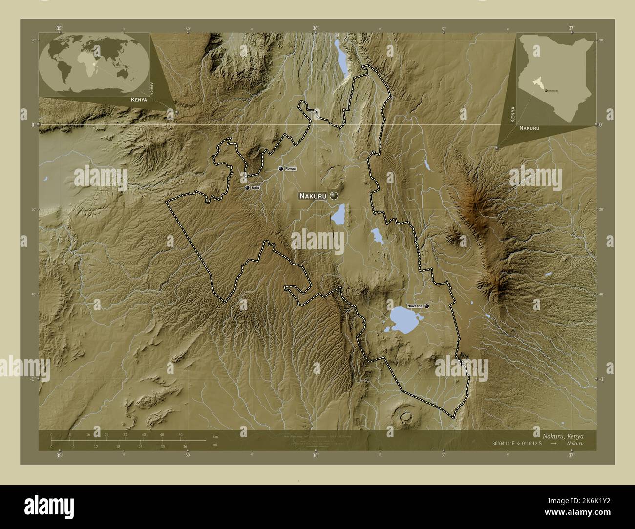 Nakuru, county of Kenya. Elevation map colored in wiki style with lakes ...
