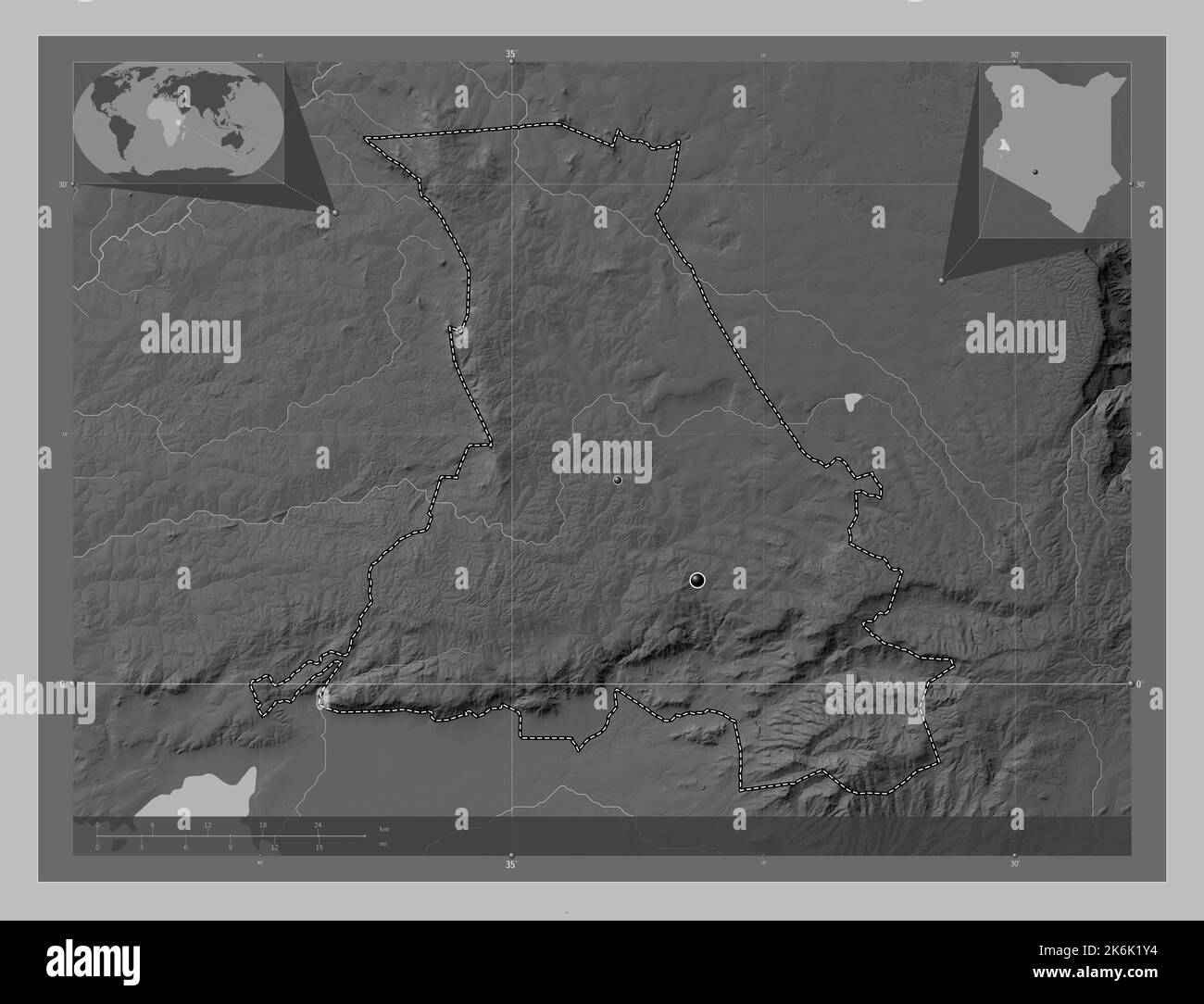Nandi, county of Kenya. Grayscale elevation map with lakes and rivers ...