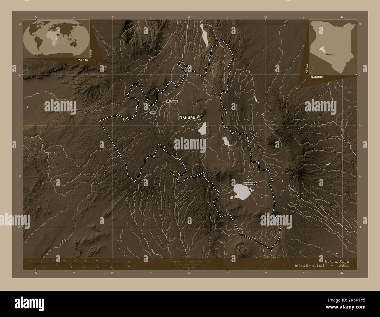 Nakuru, county of Kenya. Elevation map colored in sepia tones with ...