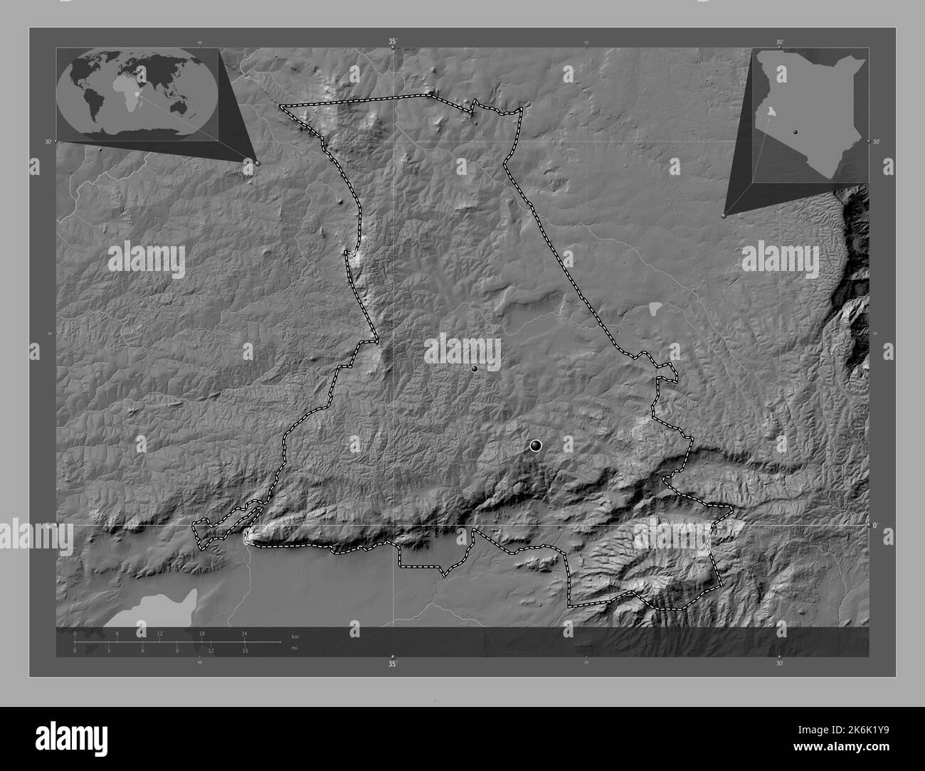 Nandi, county of Kenya. Bilevel elevation map with lakes and rivers ...