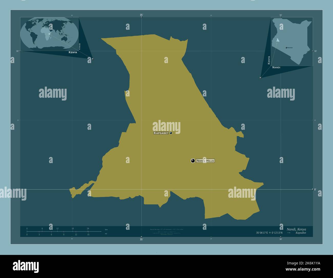 Nandi, county of Kenya. Solid color shape. Locations and names of major ...