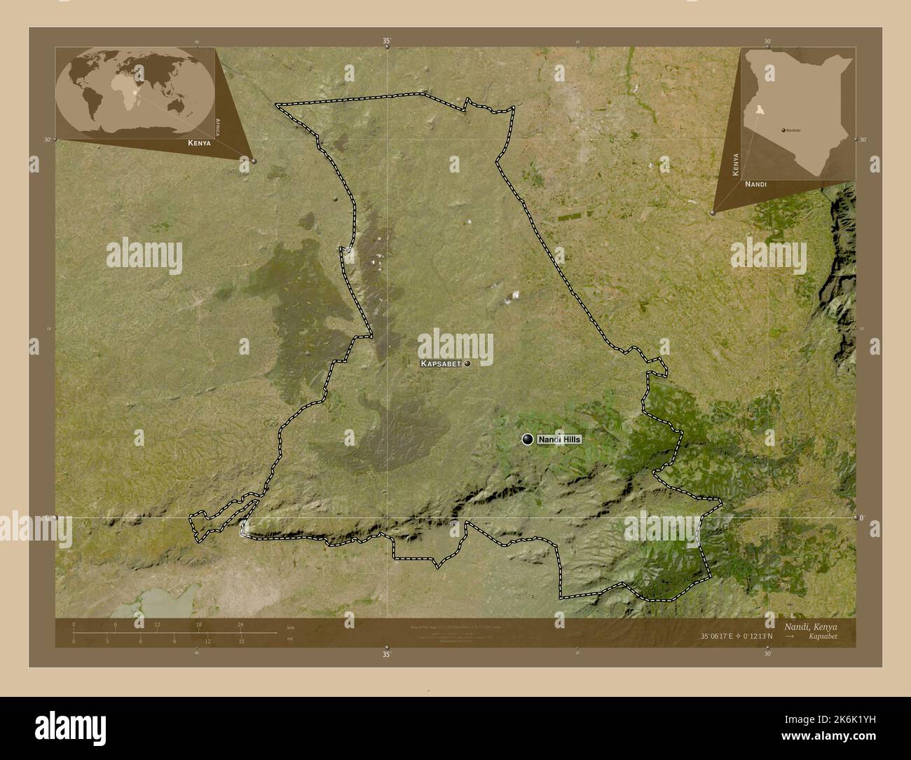 Nandi, county of Kenya. Low resolution satellite map. Locations and ...