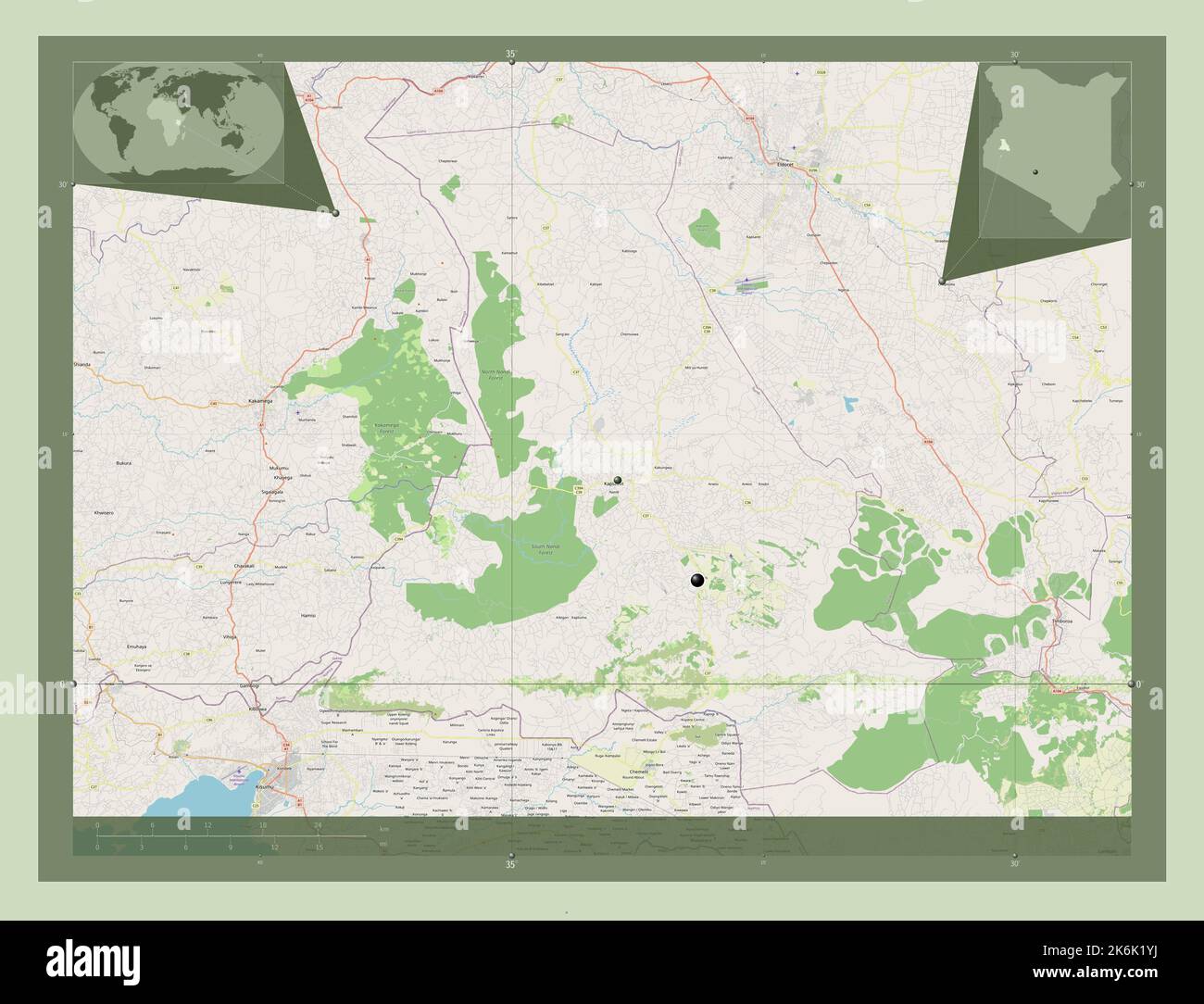 Nandi, county of Kenya. Open Street Map. Locations of major cities of ...