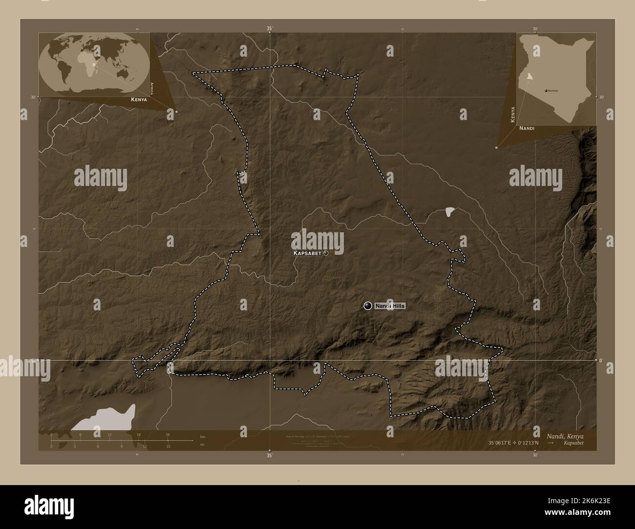 Nandi, county of Kenya. Elevation map colored in sepia tones with lakes ...