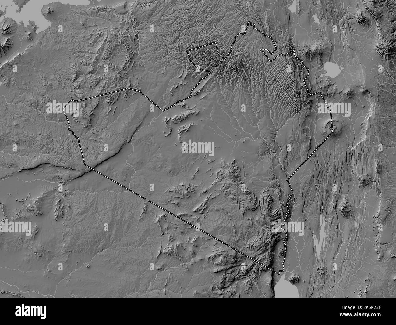 Narok, county of Kenya. Bilevel elevation map with lakes and rivers ...