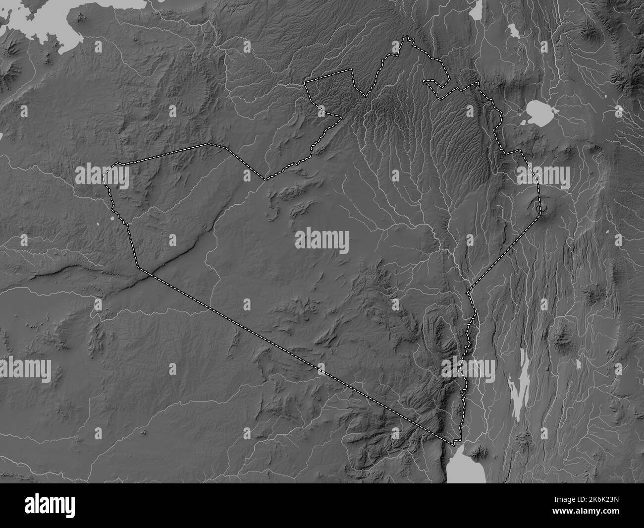Narok, county of Kenya. Grayscale elevation map with lakes and rivers ...