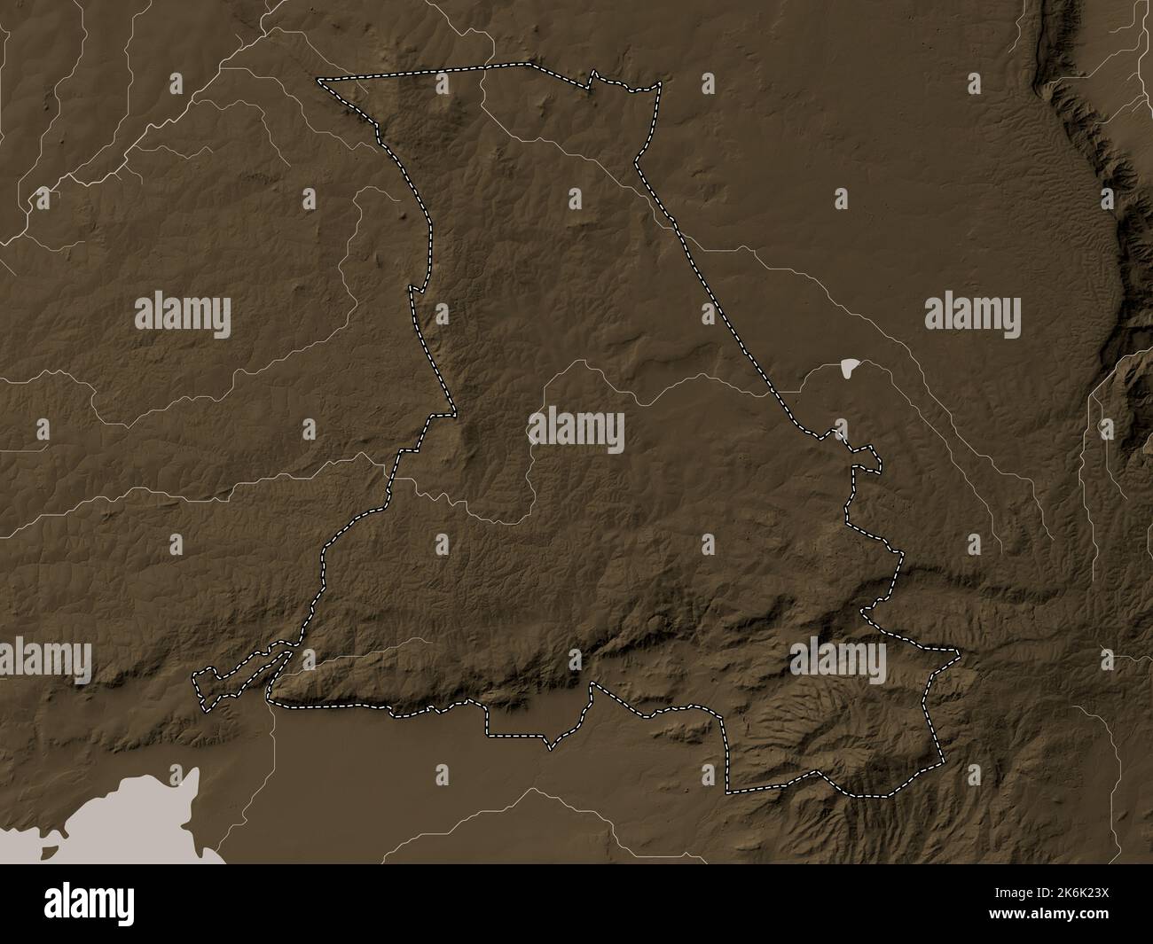 Nandi, county of Kenya. Elevation map colored in sepia tones with lakes ...