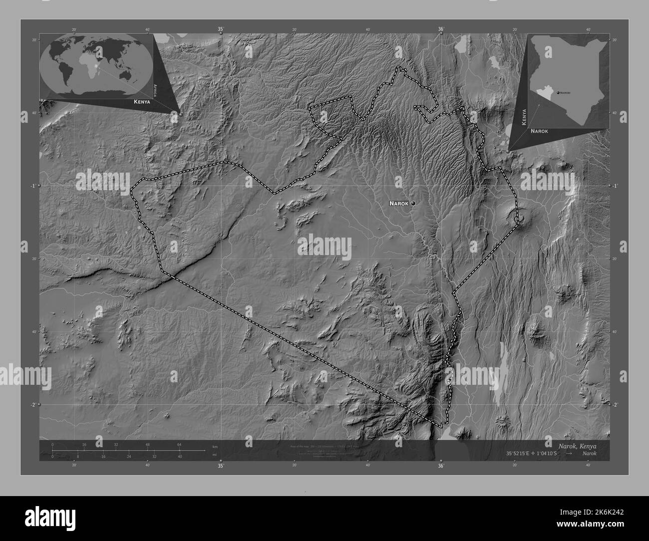 Narok, county of Kenya. Bilevel elevation map with lakes and rivers ...